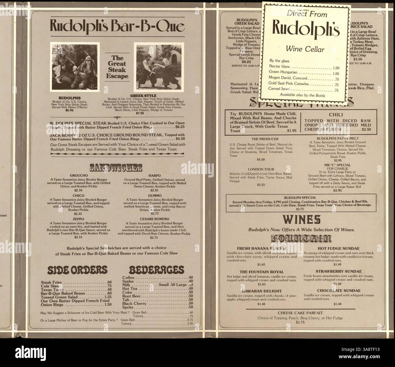 This vintage tri-fold menu from Rudolph's Bar-B-Que showcases a variety ...