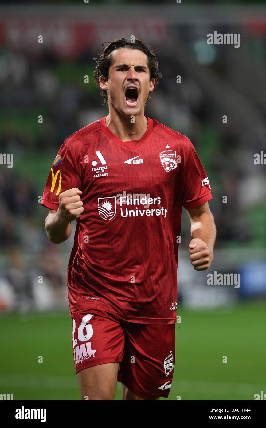 MELBOURNE, AUSTRALIA. 29th Mar 2025. Pictured: Adelaide United forward ...