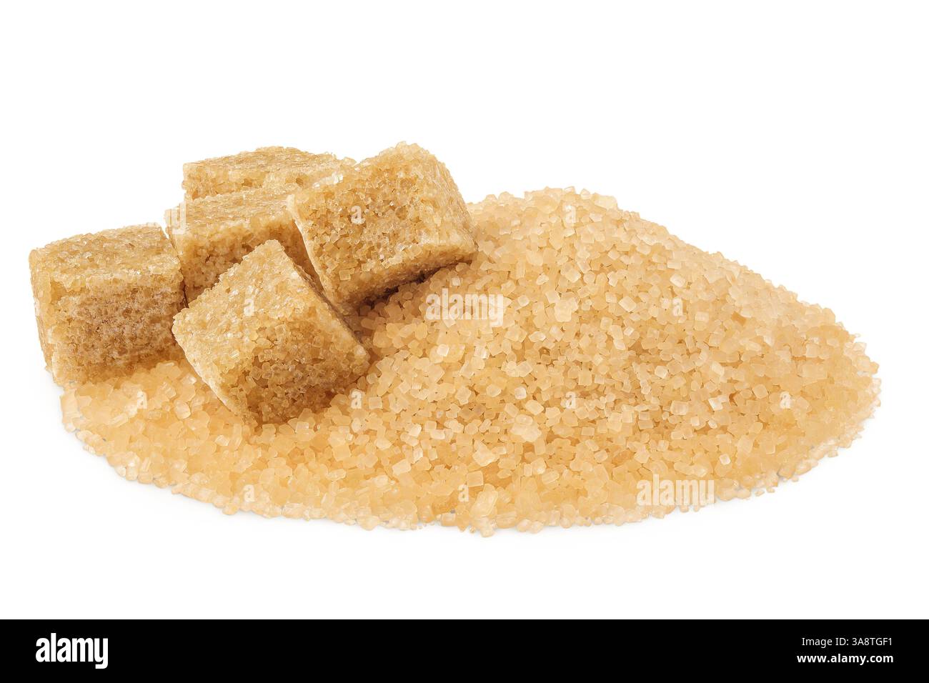 Pile of brown granulated sugar and sugar cubes isolated on white ...
