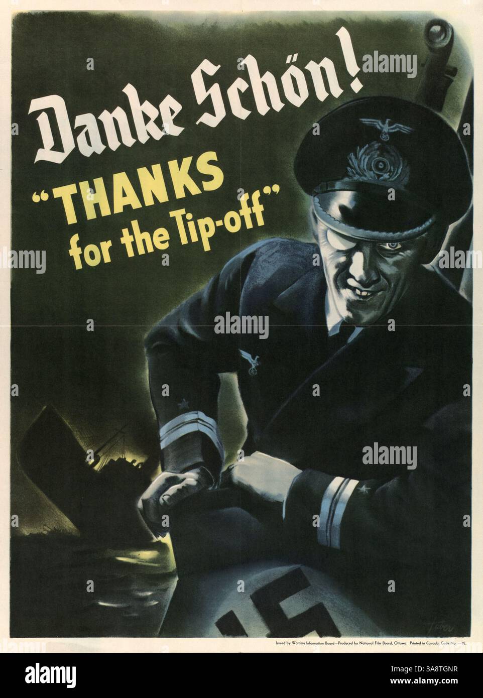 A Nazi officer grins from a submarine while a ship sinks in the ...