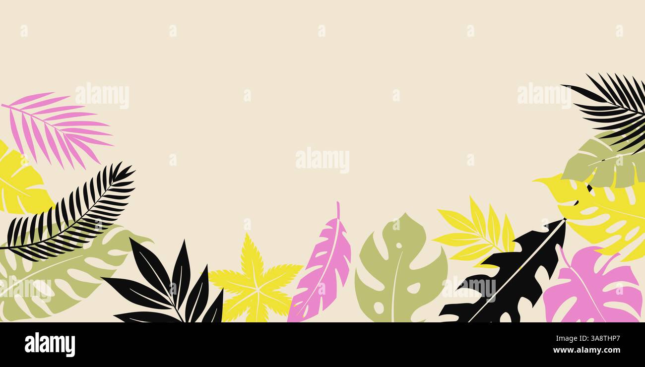 Beautiful vector illustration of tropical leaves in black, pink, yellow ...