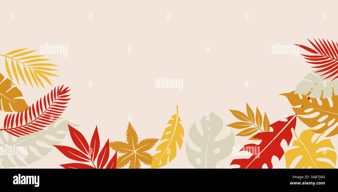 Yellow background with blue and green tropical leaves, vector ...