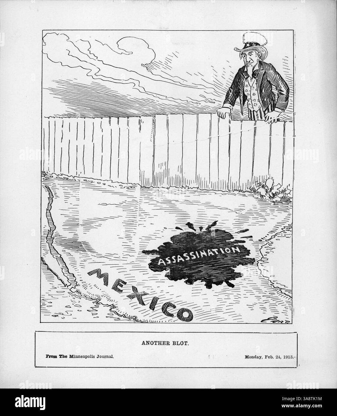 The illustration depicts Uncle Sam observing Mexico, where a bloodstain ...