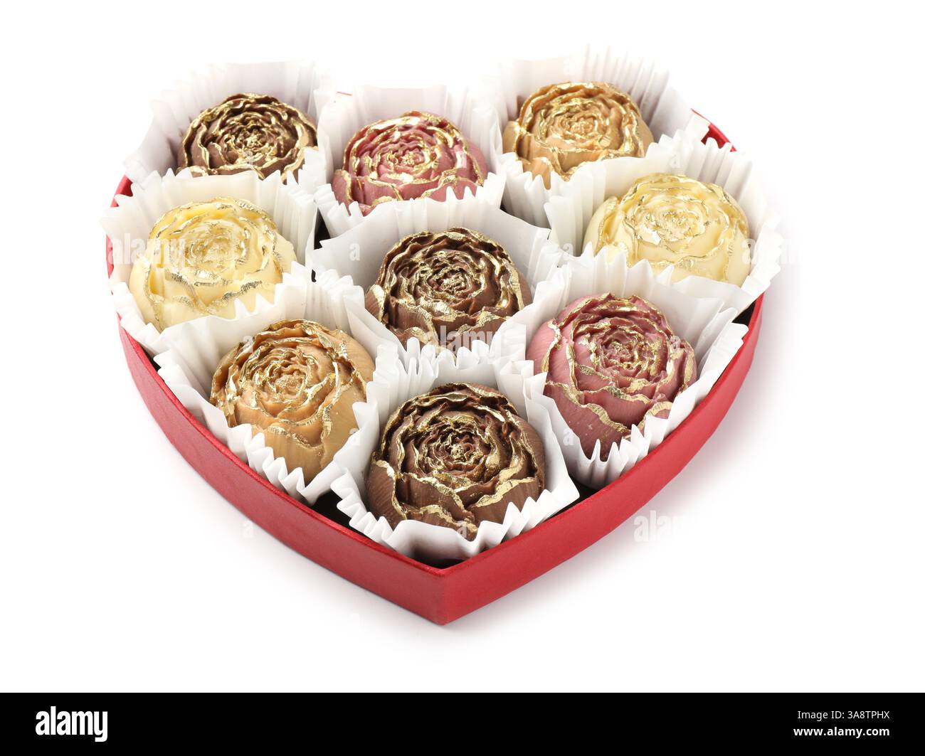 Flower shaped chocolate bonbons in box isolated on white Stock Photo ...