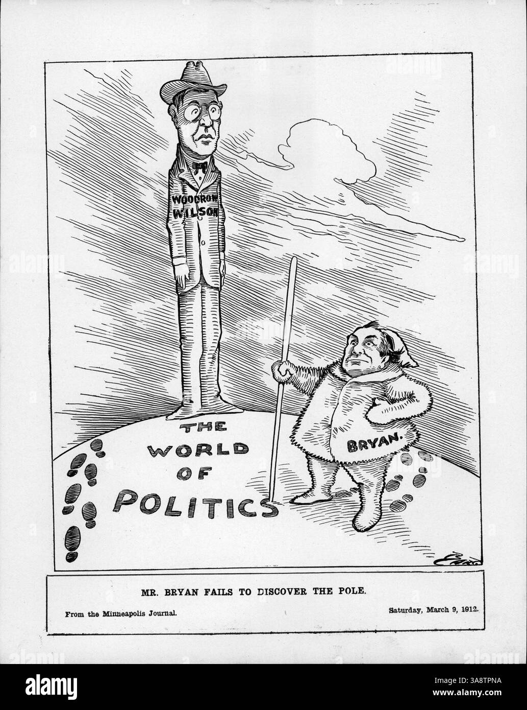 This political cartoon features Woodrow Wilson standing on 'The World ...