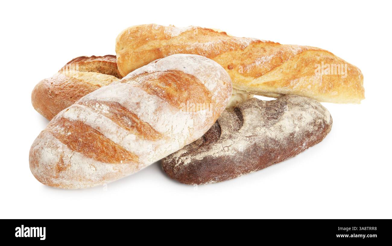 Different loaves of freshly baked bread isolated on white Stock Photo ...