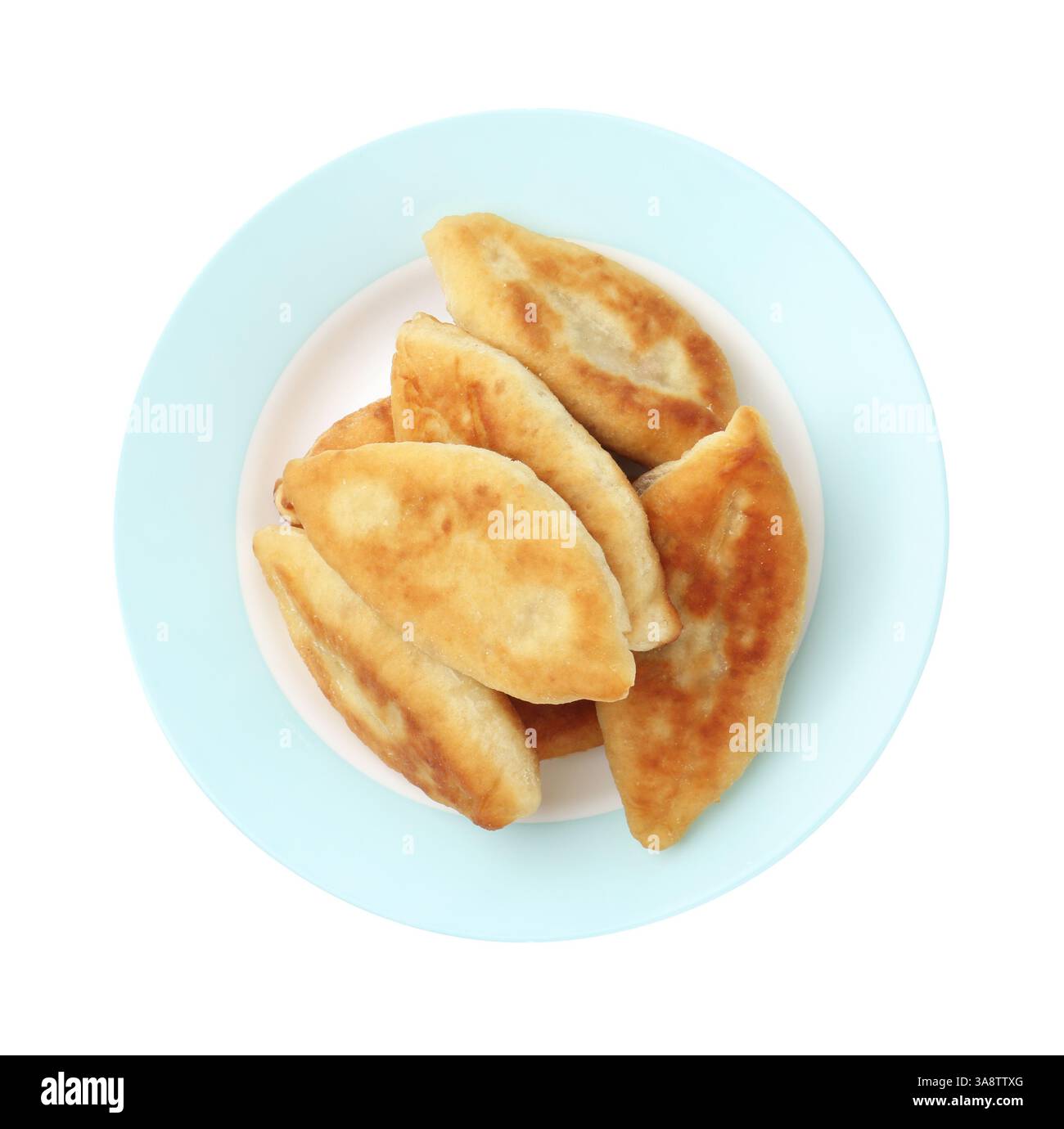 Delicious fried pyrizhky (stuffed pies) isolated on white, top view ...