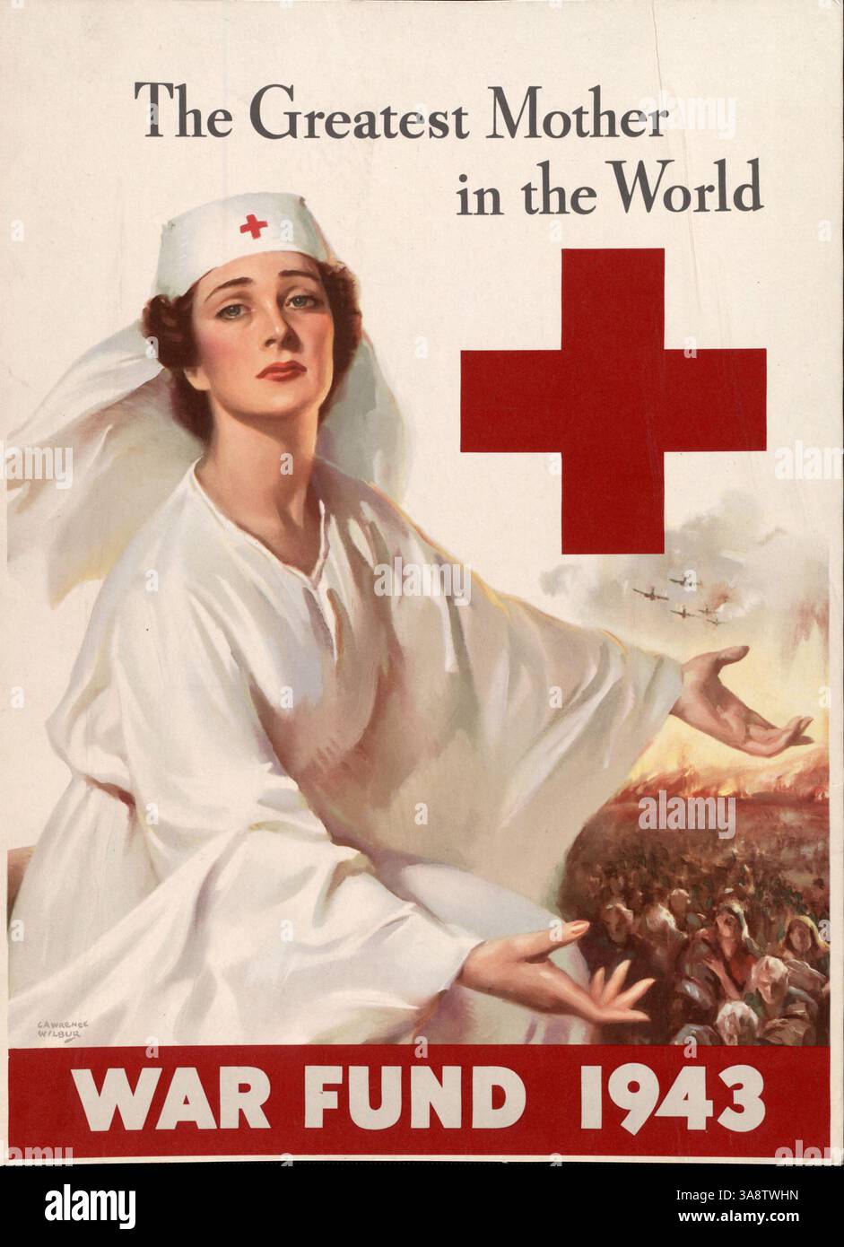 This image features a Red Cross nurse set against a backdrop of a ...