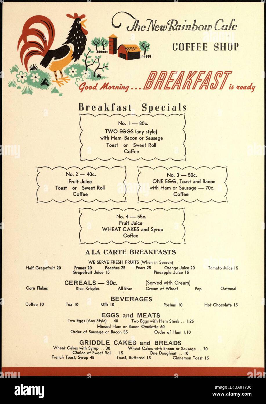 This menu from the new rainbow cafe offers breakfast specials hi-res ...
