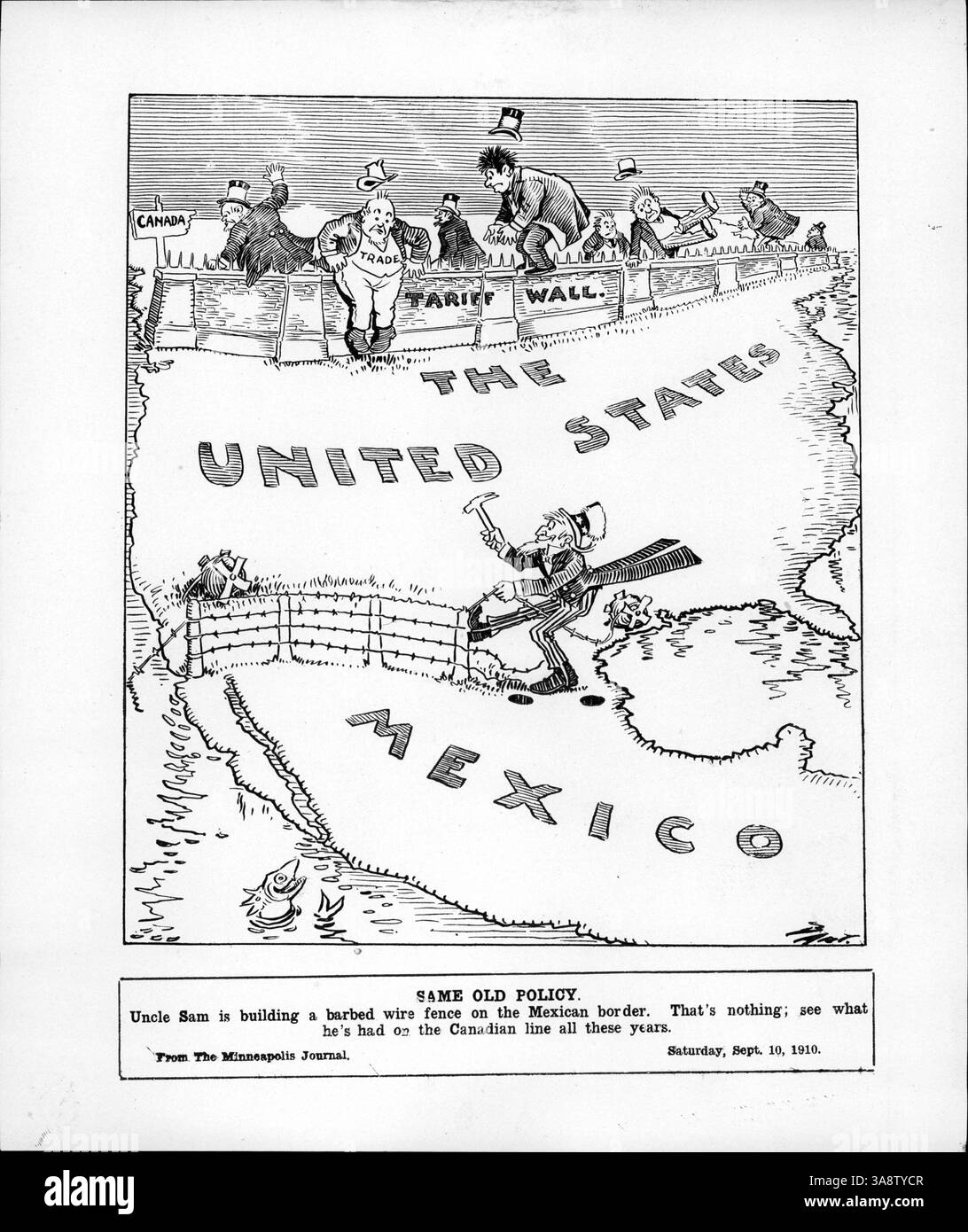 A political cartoon depicts Uncle Sam building a barbed wire fence on ...