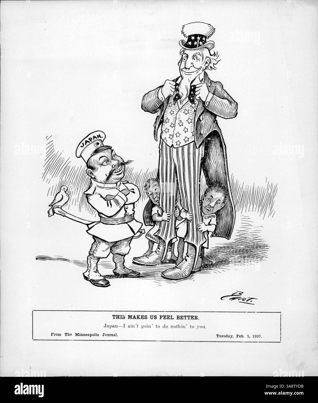 A political cartoon depicts Japan reassuring Uncle Sam of peace while ...