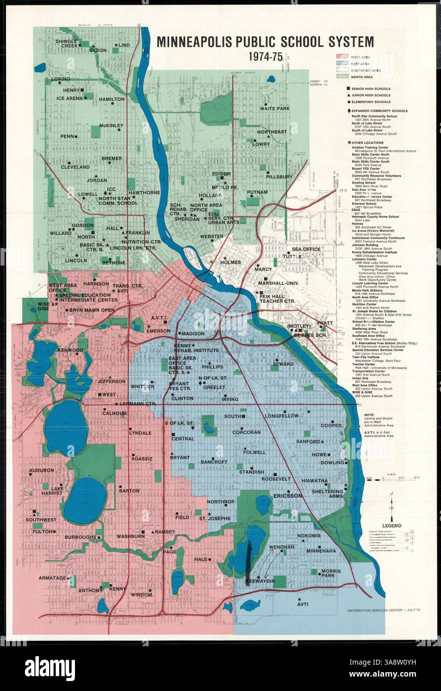 This map of the Minneapolis Public School System from 1974-1975 displays the locations of senior ...