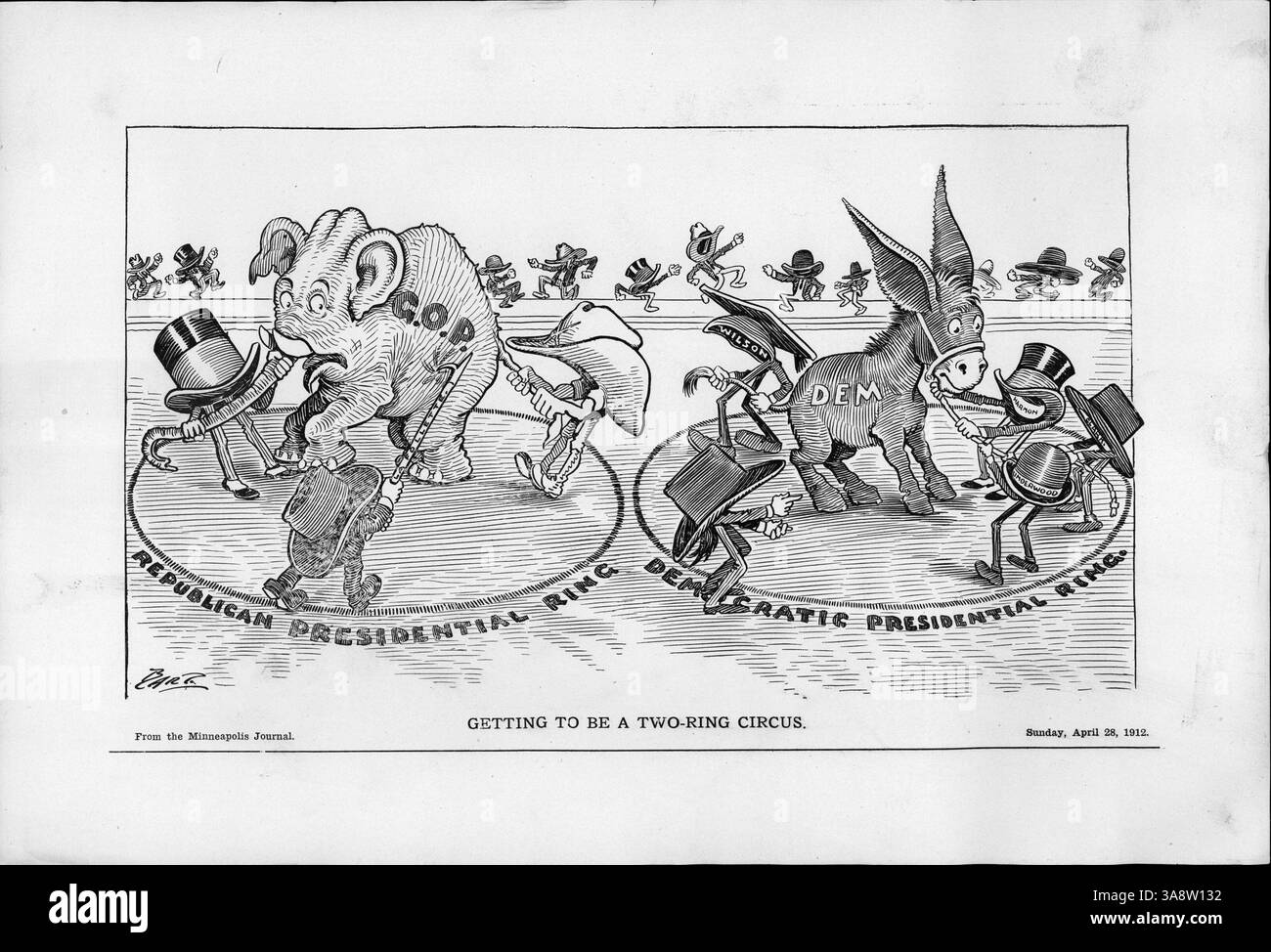This political cartoon portrays the democratic donkey and republ hi-res ...