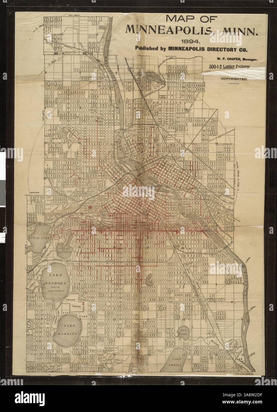This street map of Minneapolis includes highlighted streets in red and ...