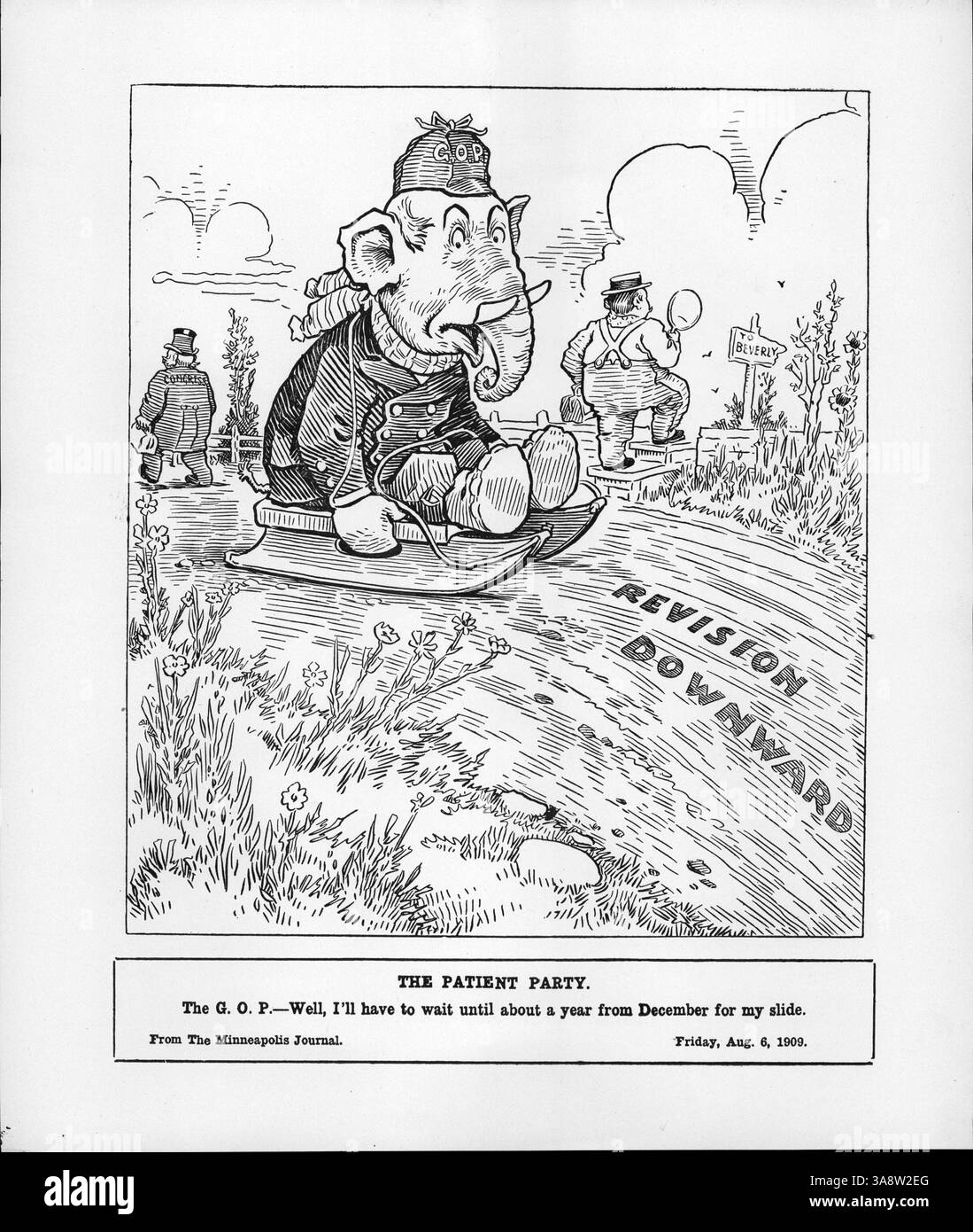 A political cartoon depicts the Republican Elephant on a sled ...