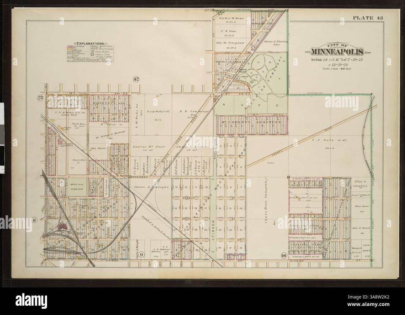 This atlas maps Minneapolis, featuring surveys and plats with details ...