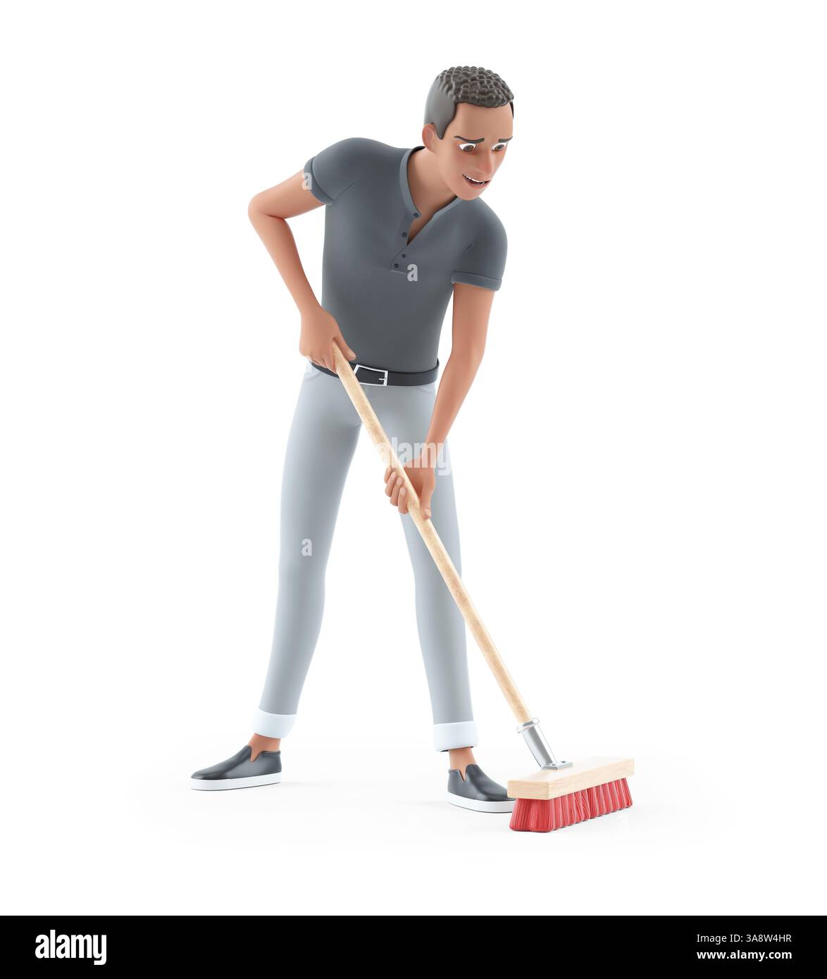 3d character man pushing a broom, illustration isolated on white ...