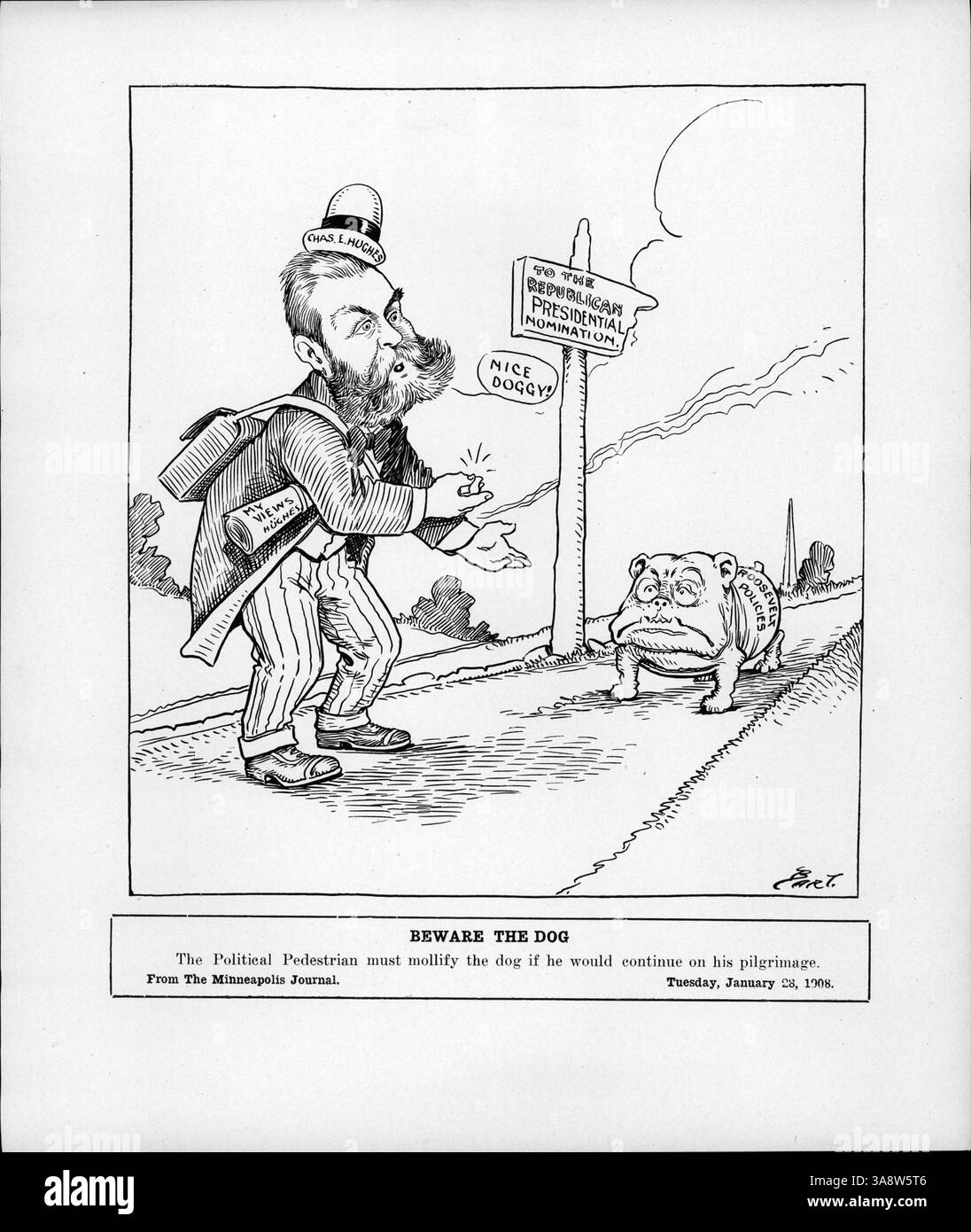 In this political cartoon, Chas. E. Hughes offers a treat to a dog ...