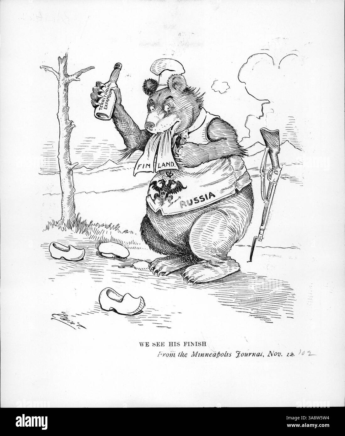 This political cartoon depicts the Russian bear consuming Finland ...