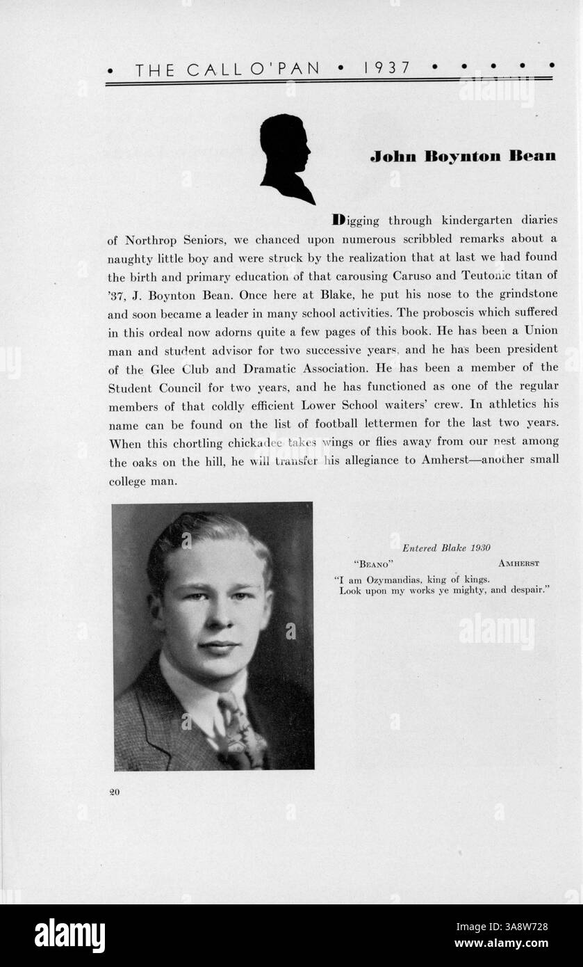 Blake School’s 1937 yearbook, 'Call-O'-Pan,' reflects the school’s academic, athletic, and ...