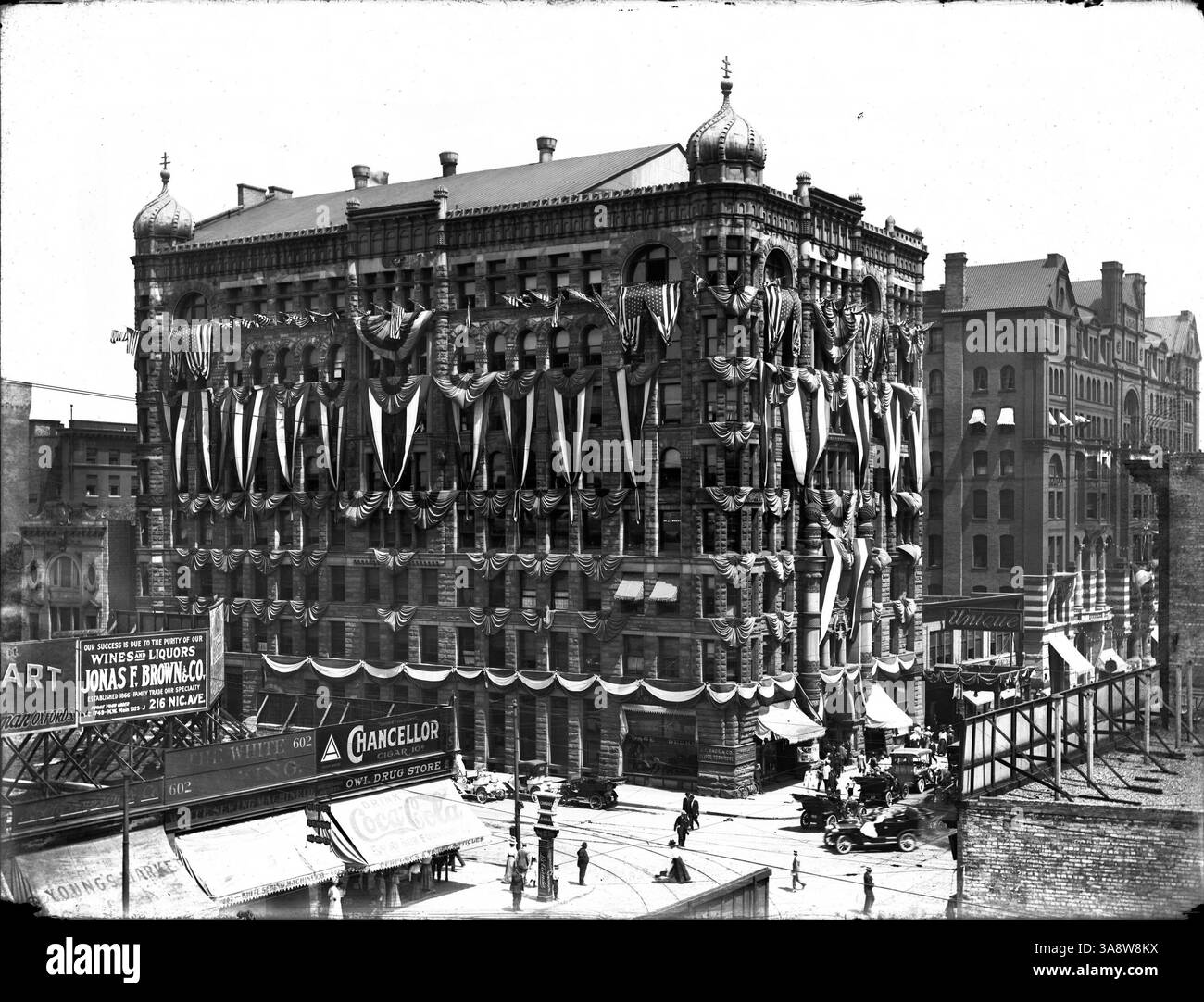 The Masonic Temple is decorated with flags and bunting for Shrine Week ...