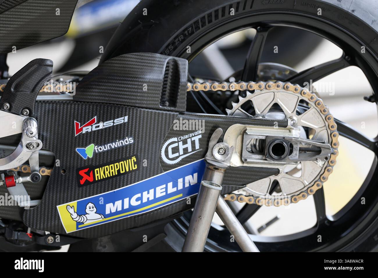 AUSTIN, TX - MARCH 28: The carbon fiber rear fork and rear tire for ...