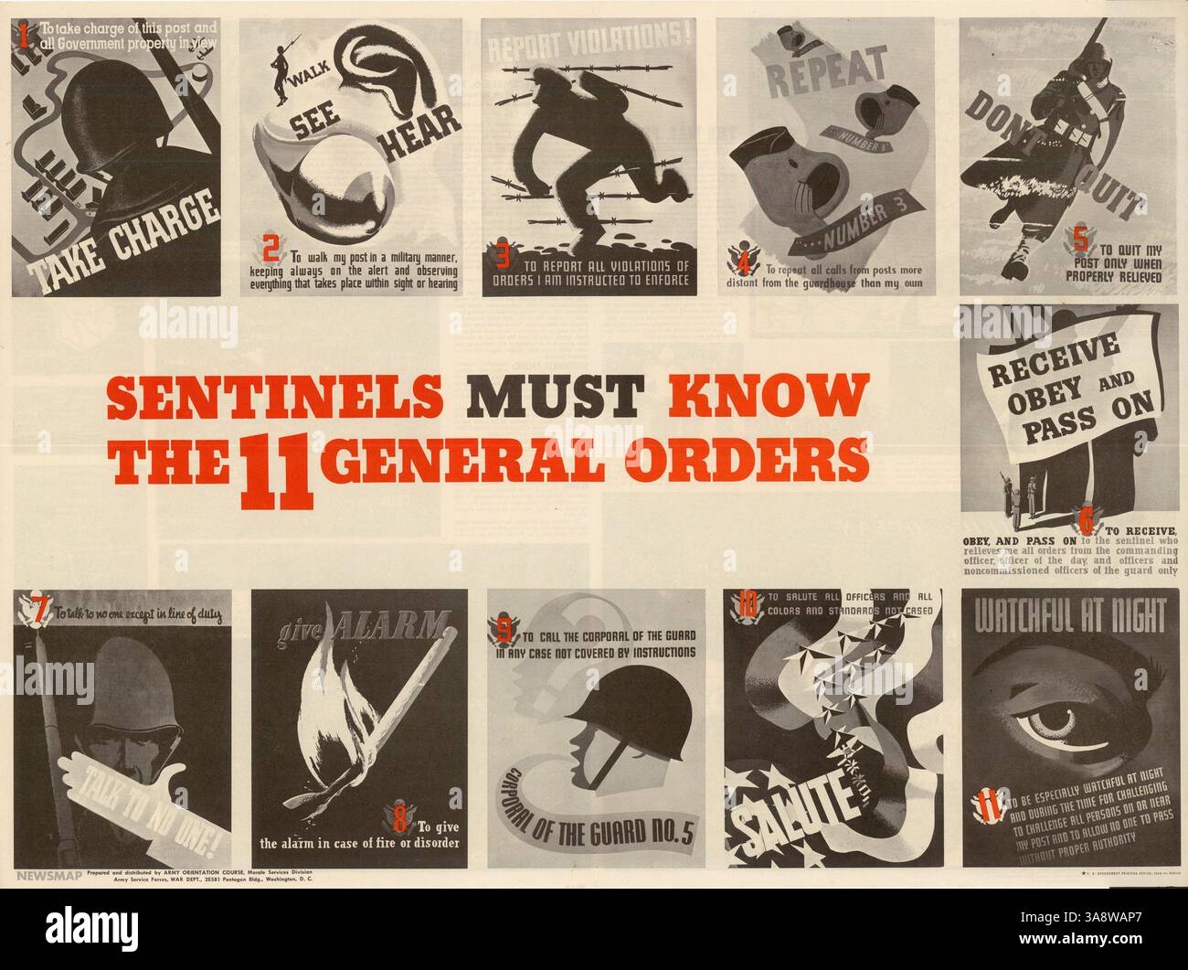 This poster displays the 11 general orders for sentinels at posts, with ...
