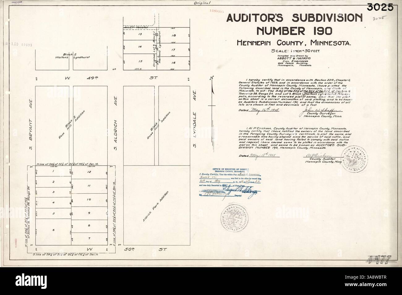 A map or plat document detailing Auditor's Subdivision Number 190, a ...