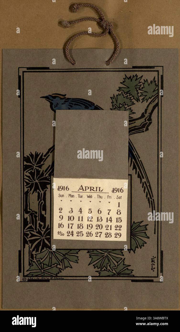 A hand-colored calendar page for April 1916, featuring a 'Bird of ...