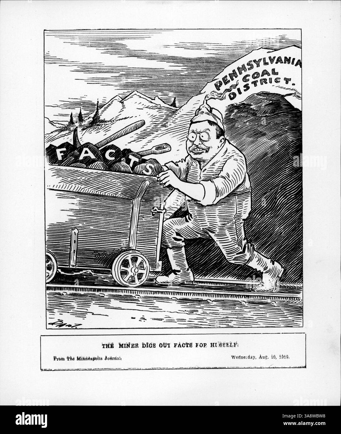 Theodore Roosevelt is depicted pushing a wagon full of coal labeled ...