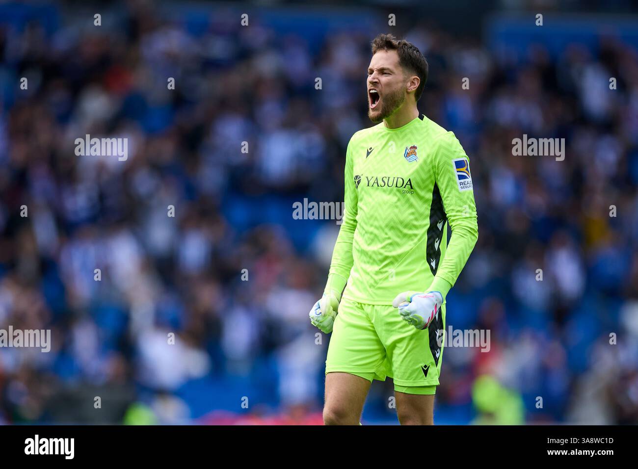 Alex Remiro of Real Sociedad reacts during the LaLiga EA Sports match ...