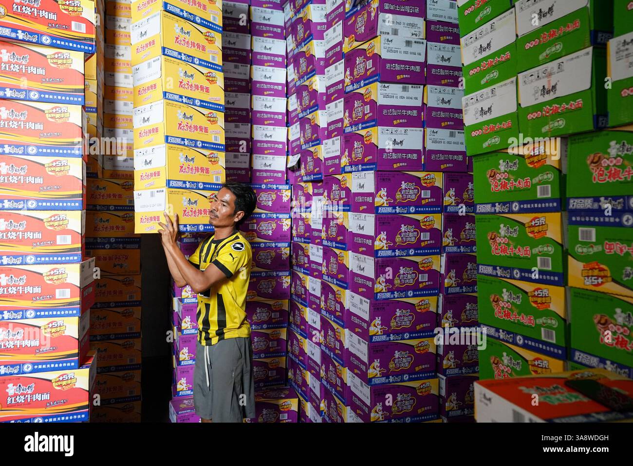 Ruili, China's Yunnan Province. 29th Mar, 2025. A worker carries boxes ...