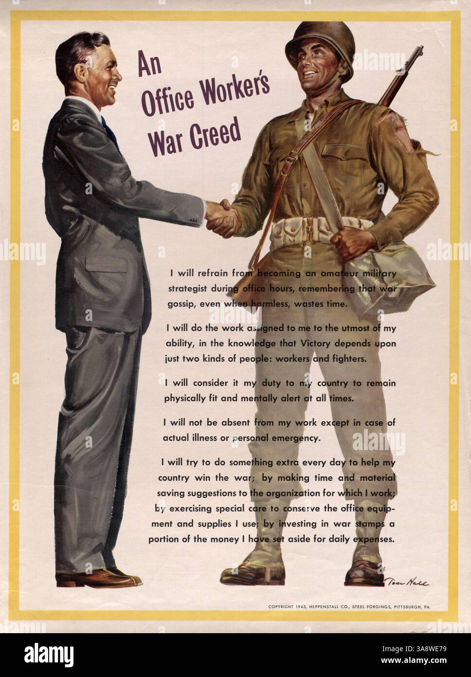 This image depicts a male office worker shaking hands with a soldier ...
