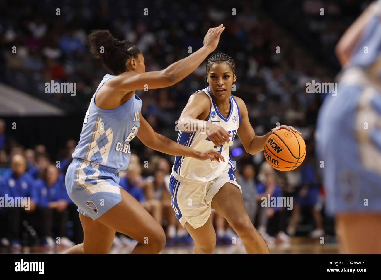 Duke guard Ashlon Jackson (3) dribbles as North Carolina guard Indya ...