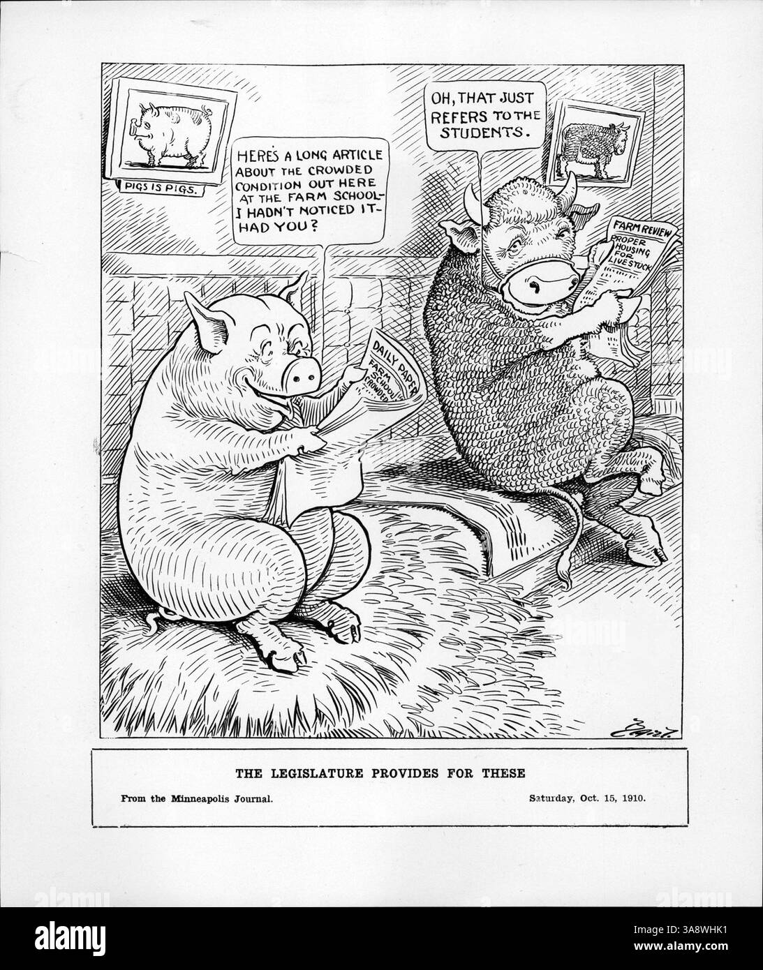 A cartoon illustration shows a cow and a pig discussing the ...