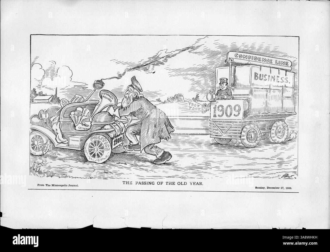 A 1908 political cartoon depicts a car being pushed off the road to ...