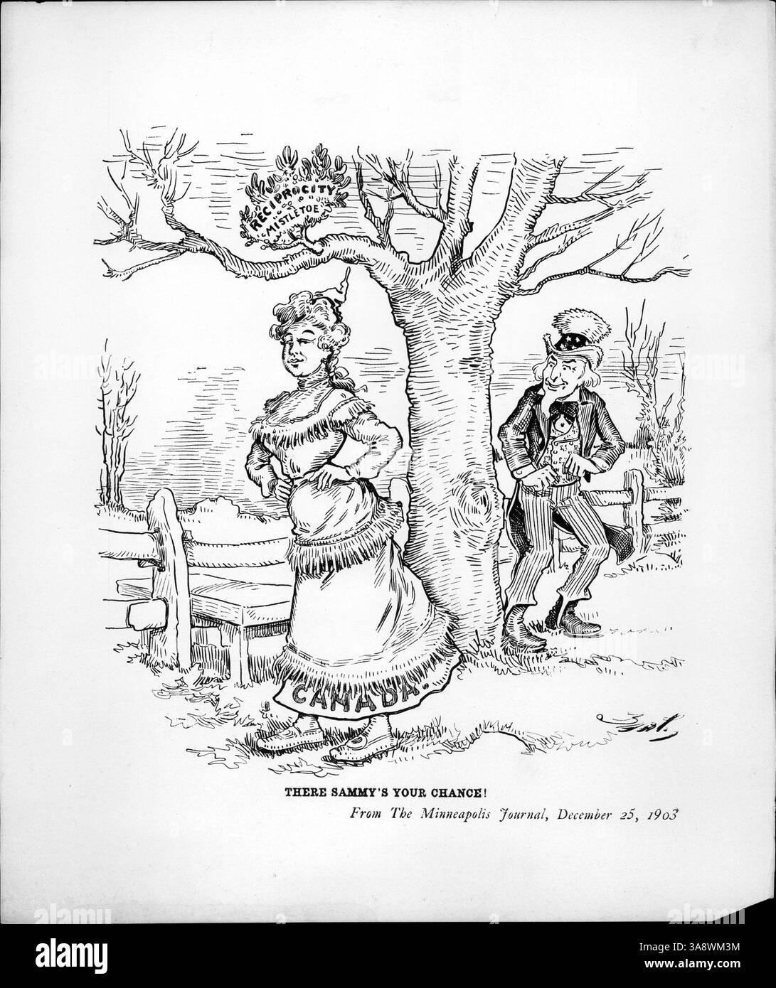 This political cartoon portrays canada standing under a mistletoe ...
