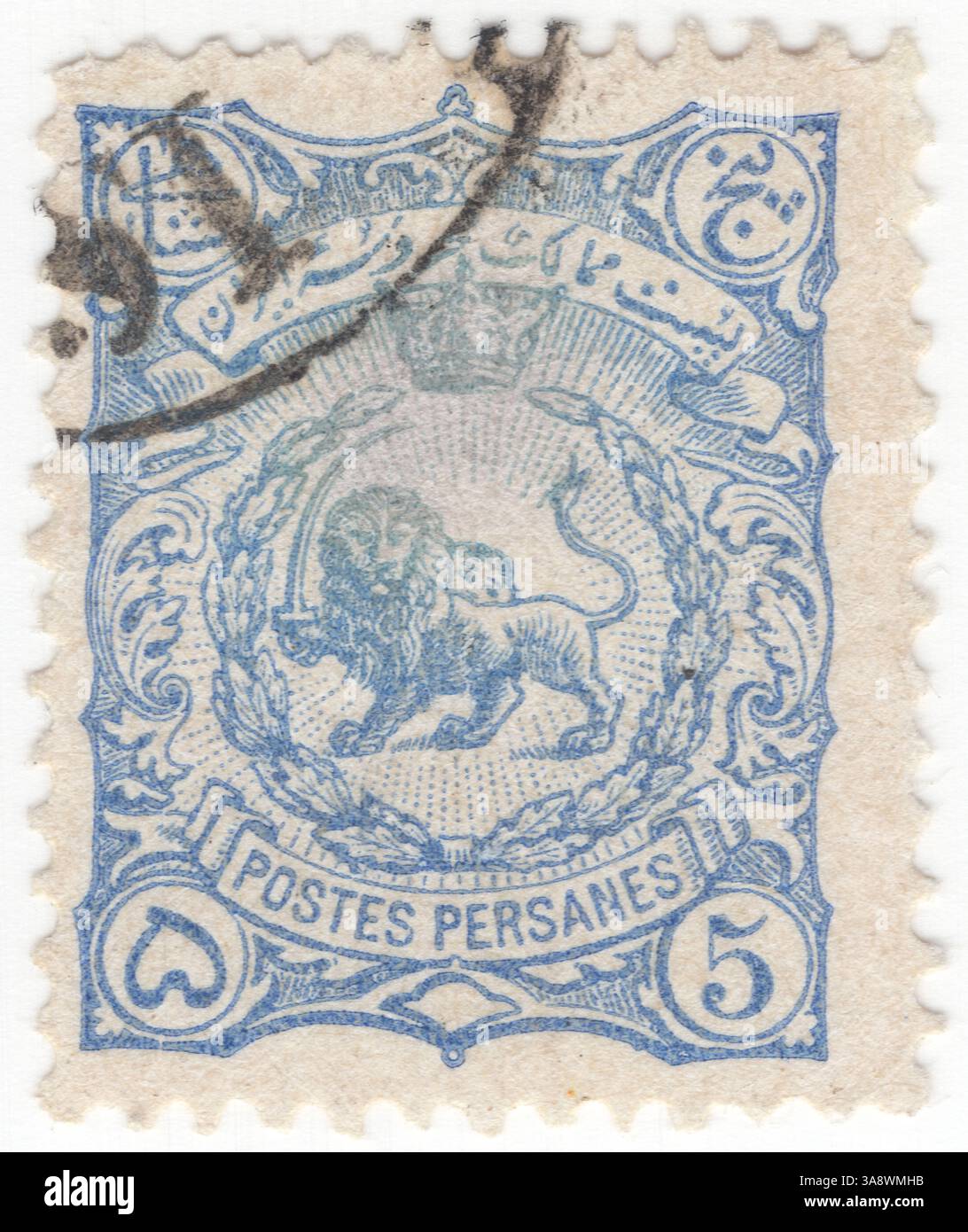 IRAN - 1894: 5 chahi ultramarine postage stamp depicting Lion with Sun ...