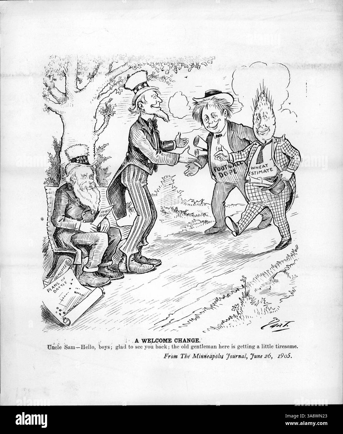 A political cartoon depicts Uncle Sam greeting Football Dope and Wheat ...