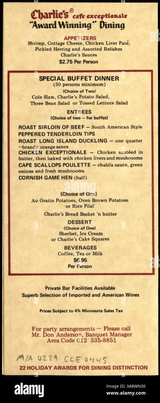 A 1973 bi-fold banquet menu from Charlie's Cafe Exceptionale features a ...