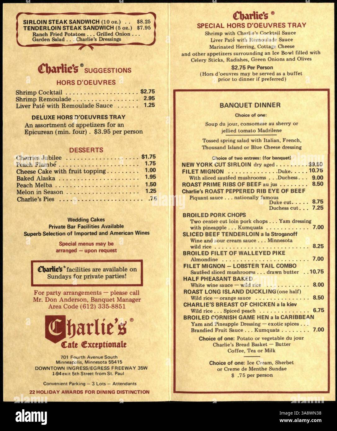 A 1973 bi-fold banquet menu from Charlie's Cafe Exceptionale features a ...