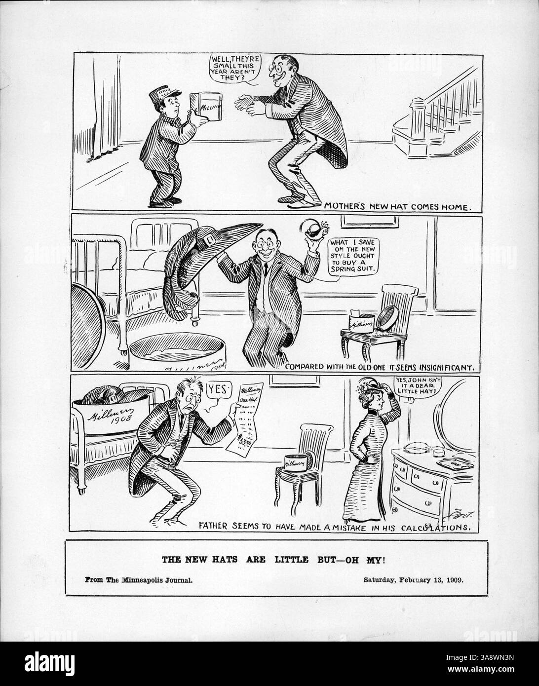 A humorous 1908 cartoon depicting a man comparing his wife's small new ...