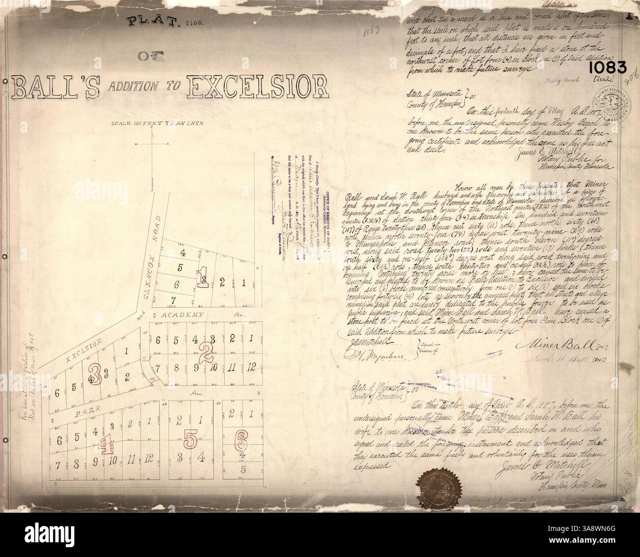 This plat map depicts Ball's Addition to Excelsior, showing the layout ...