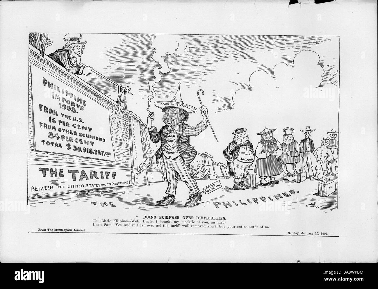 This political cartoon depicts Uncle Sam reaching out over a tariff ...