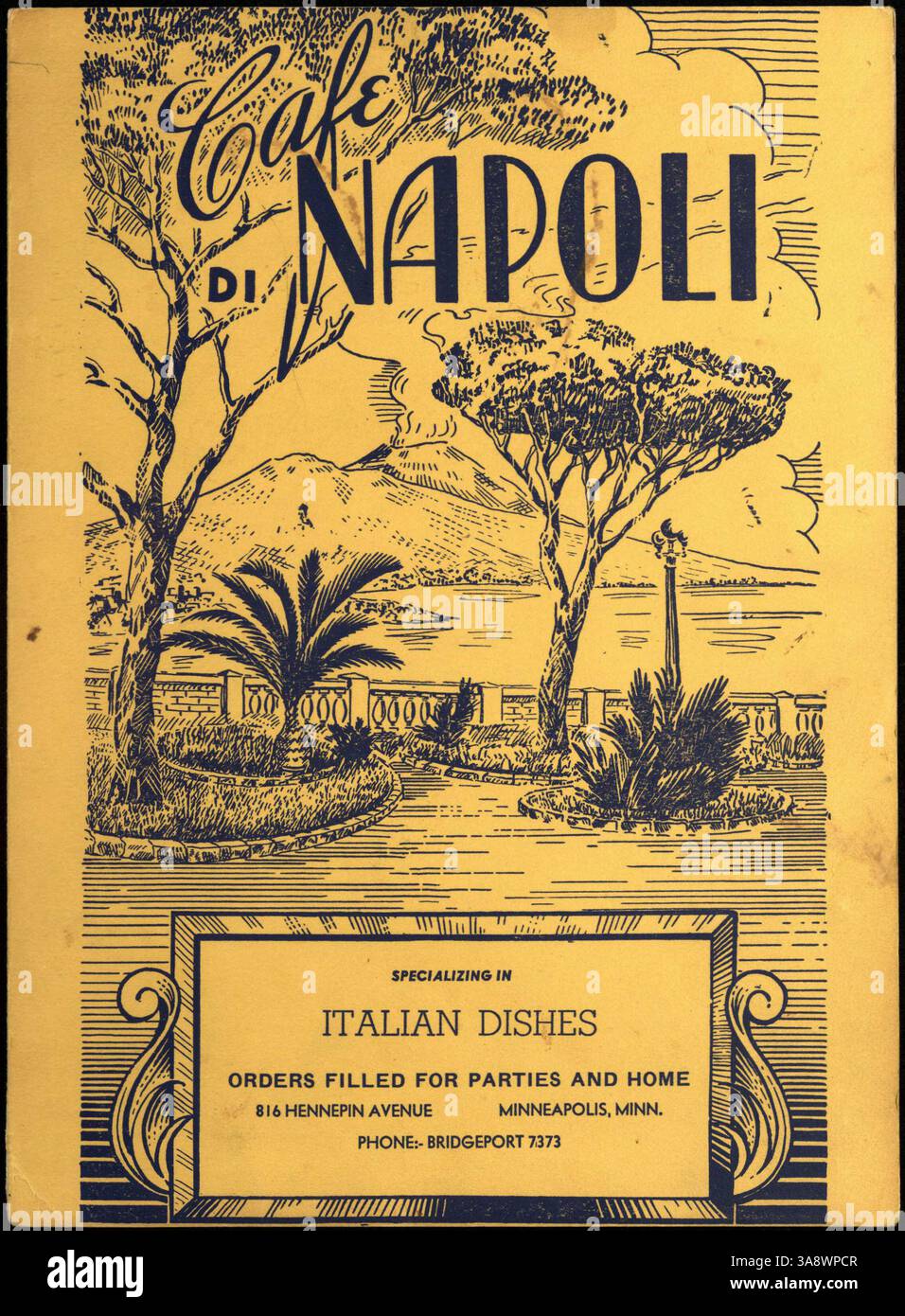 This 1970s bi-fold menu from Cafe Di Napoli features a scenic image of ...
