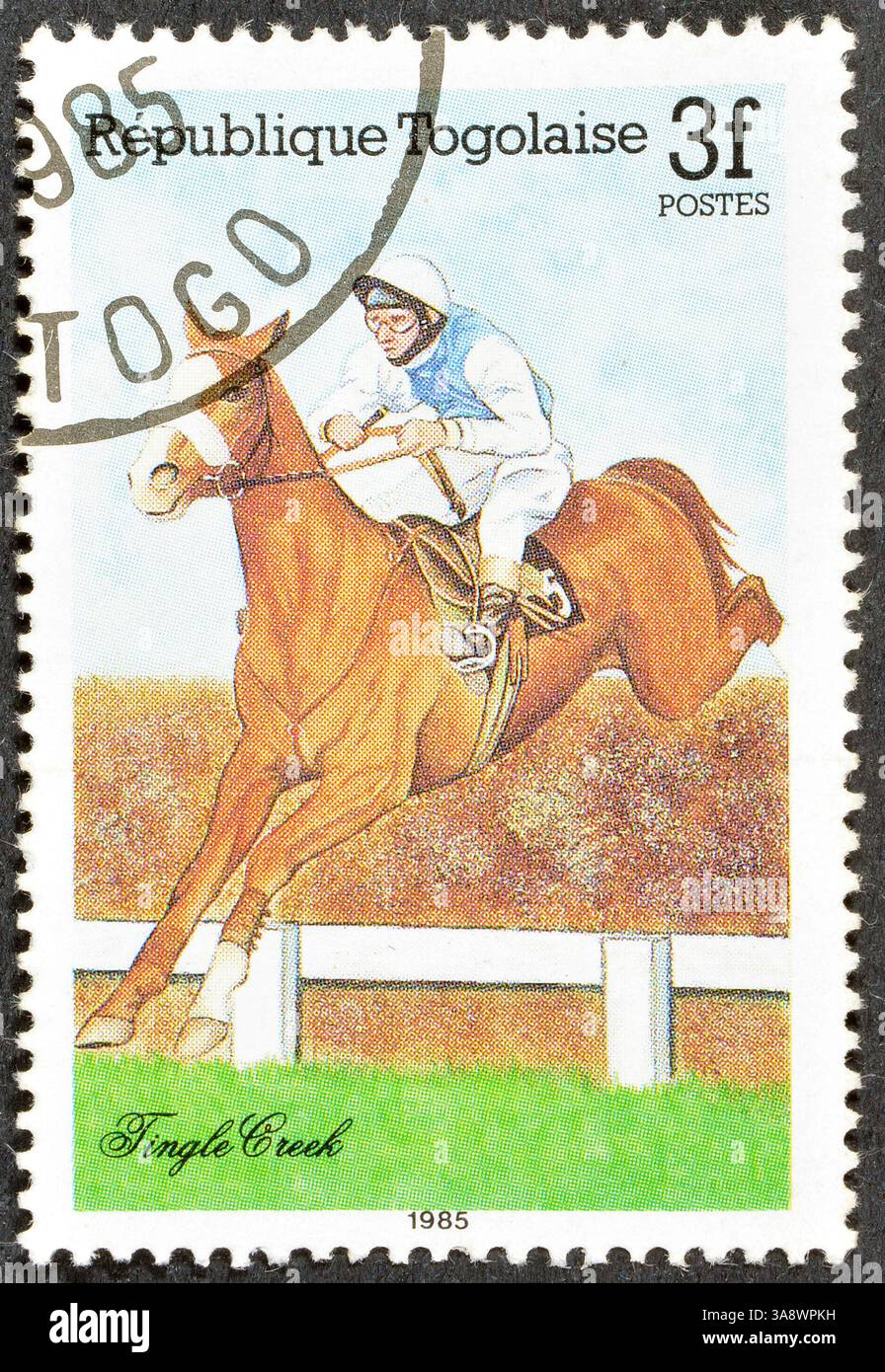 Cancelled postage stamp printed by Togo, that shows Race Horses, circa ...