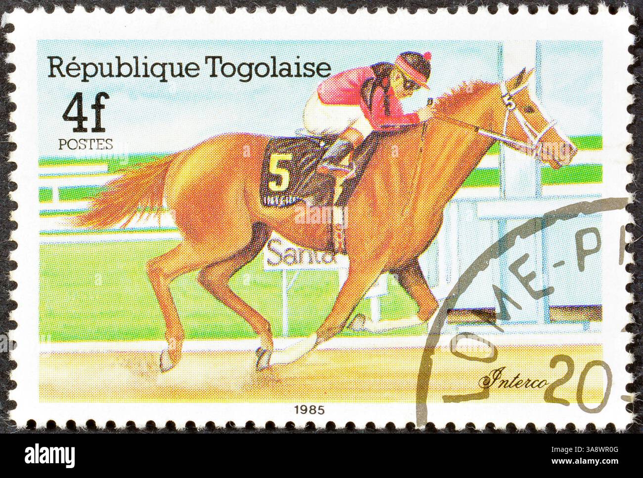 Cancelled postage stamp printed by Togo, that shows Race Horses, circa ...