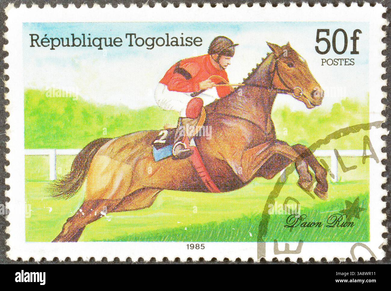 Cancelled postage stamp printed by Togo, that shows Race Horses, circa ...