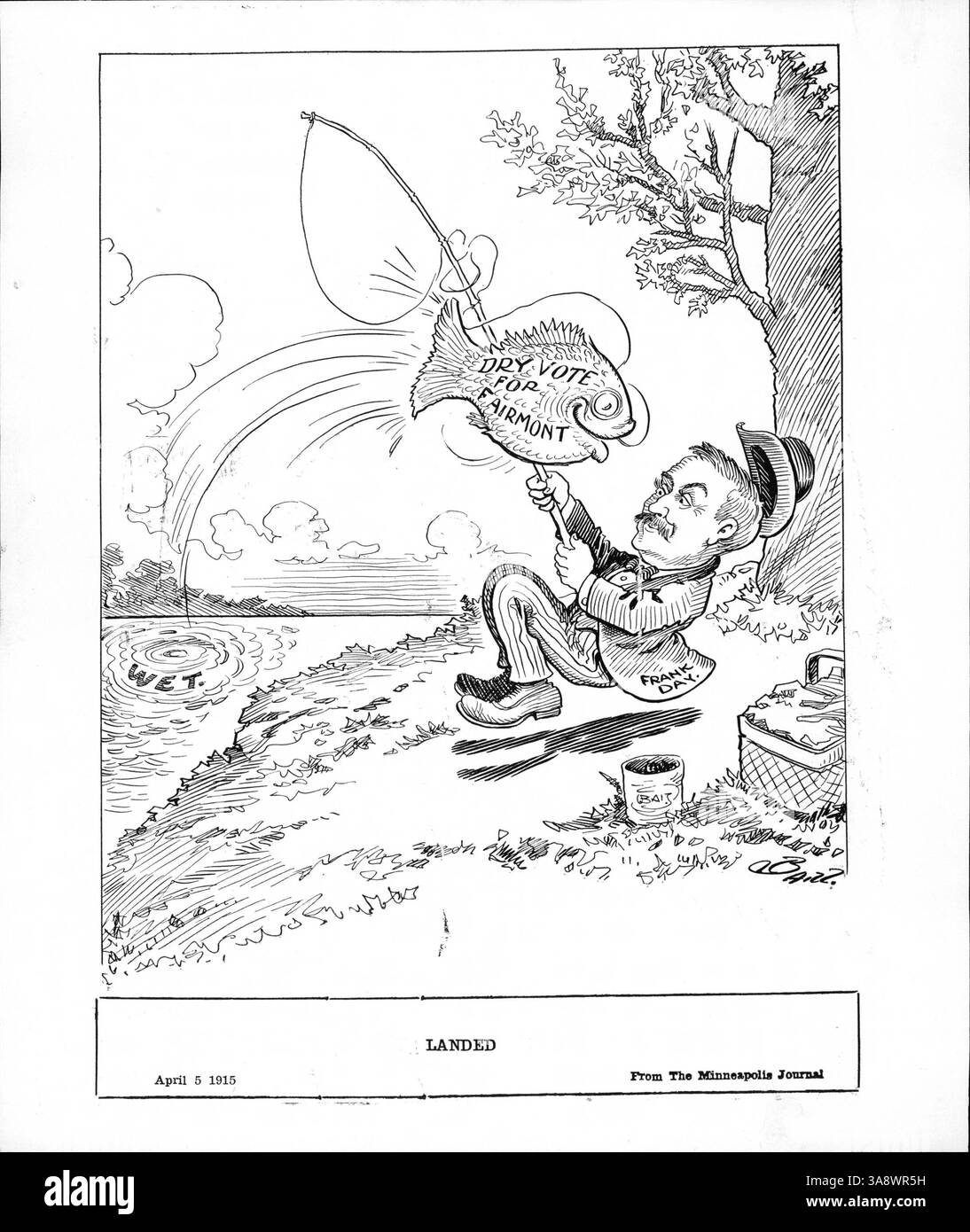 This illustration shows Frank Day fishing and catching a large fish ...