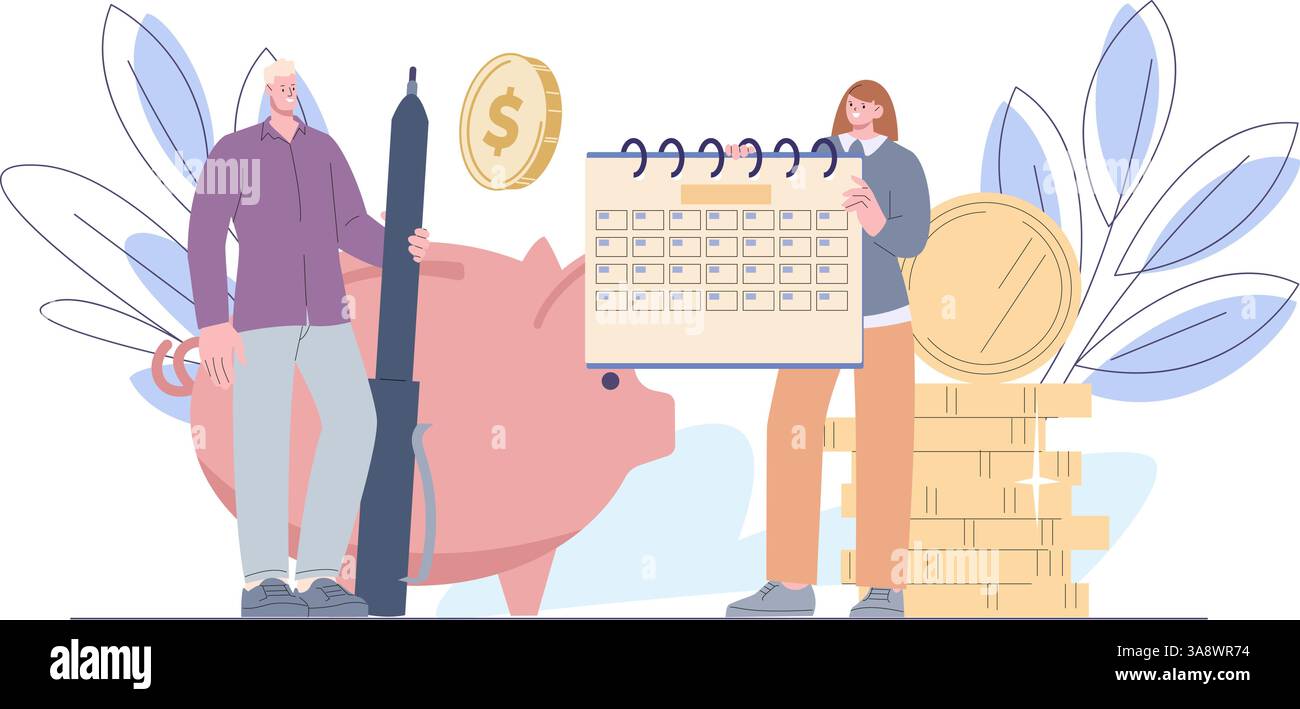 Monthly save money planning. People with planner and pencil, piggy bank ...